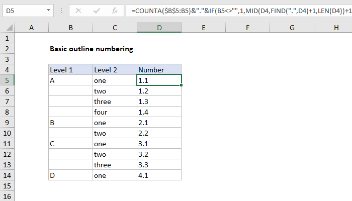 Excel formula: Basic outline numbering | Exceljet Excel formula: Basic outline numbering | Exceljet